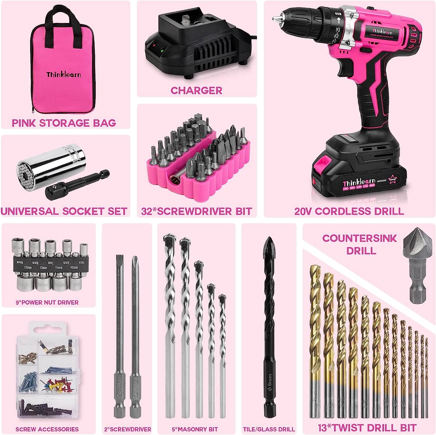 Thinklearn Pink 20v Cordless Drill Set Tl1018